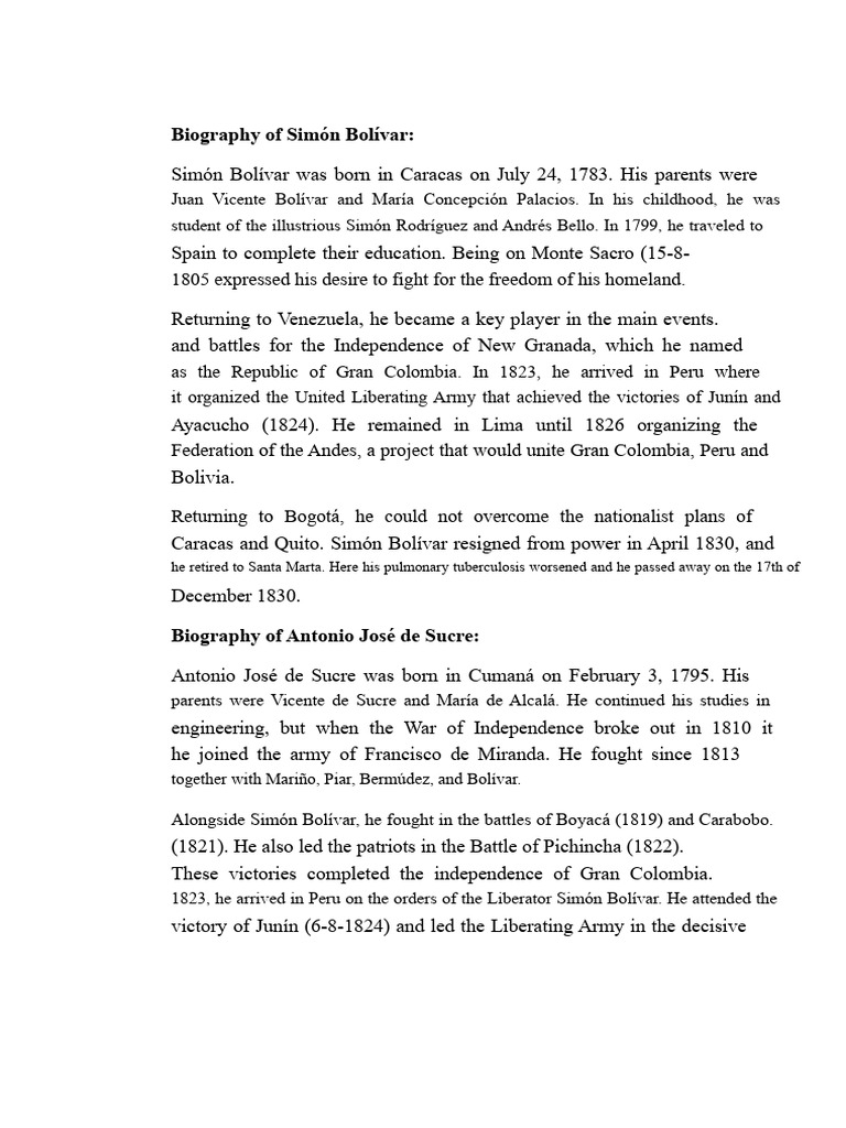 Biography of Simón Bolívar and Antonio José de Sucre | PDF
