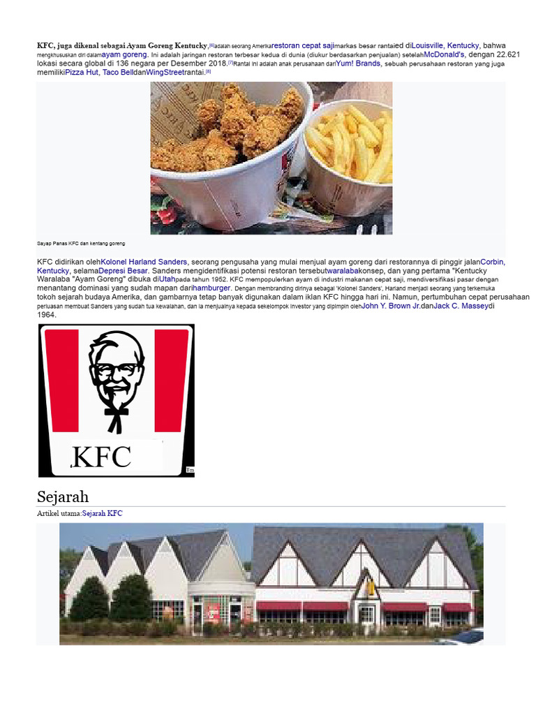 Sejarah: KFC, Juga Dikenal Sebagai Ayam Goreng Kentucky | PDF