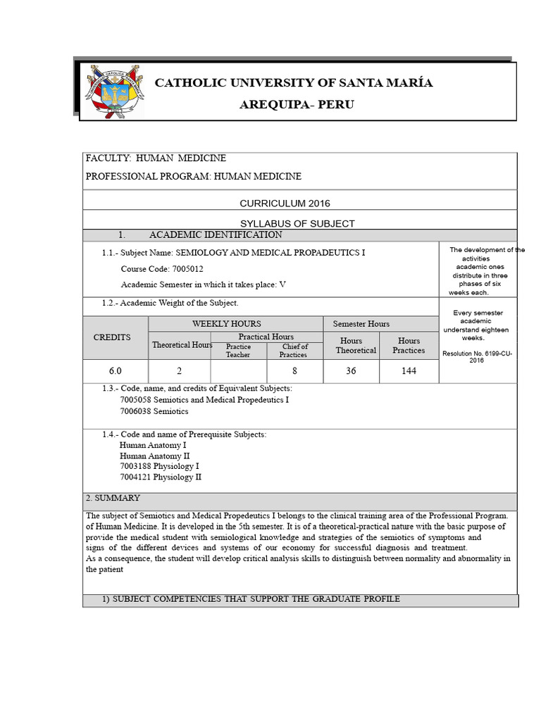 Syllabus Semiology and Medical Propaedeutics I 2023 | PDF | Physical ...
