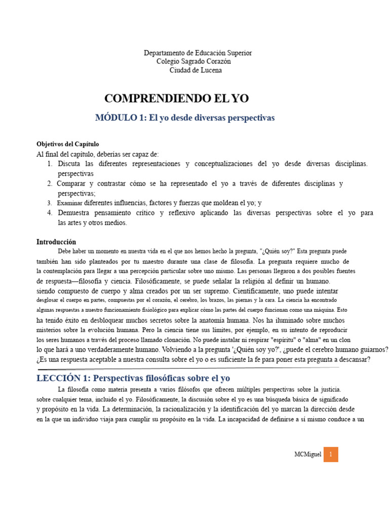 MÓDULO 1 - El Yo Desde Varias Perspectivas | PDF | Filosofía de la ...