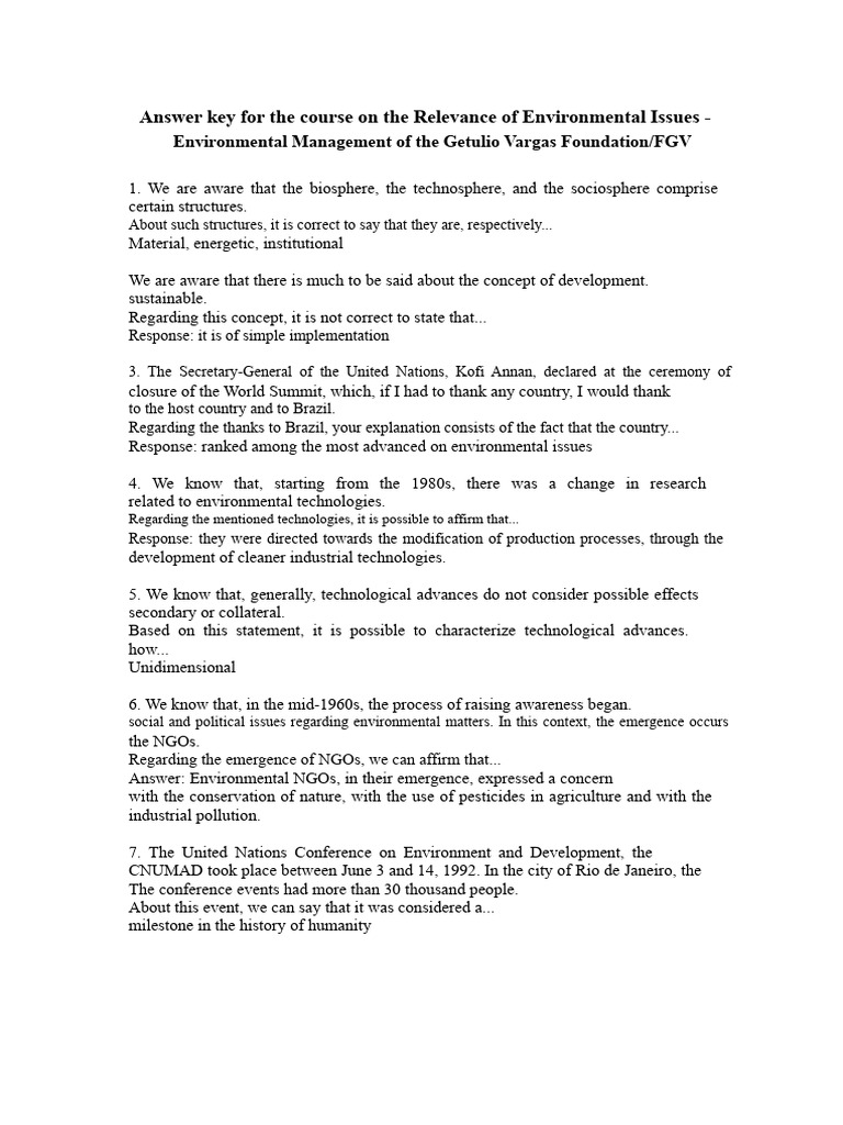 FGV Answer Key For The Course On The Relevance of Environmental Issues ...