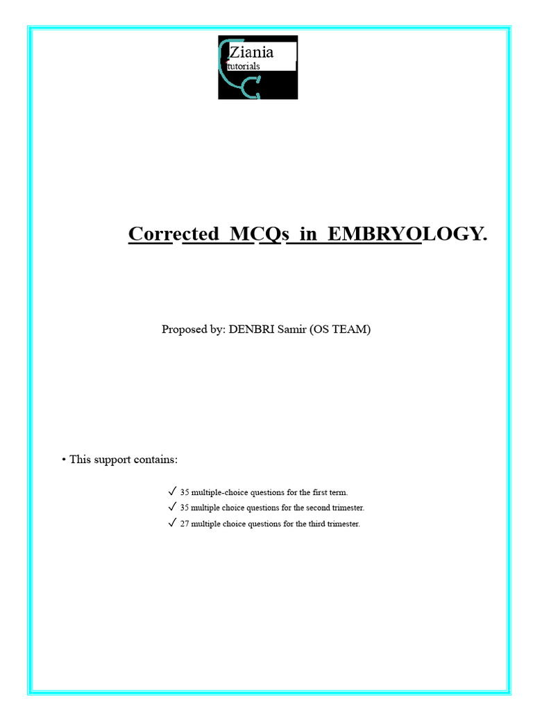 Multiple Choice Questions Corrected in EMBRYOLOGY | PDF | Meiosis | Ovary