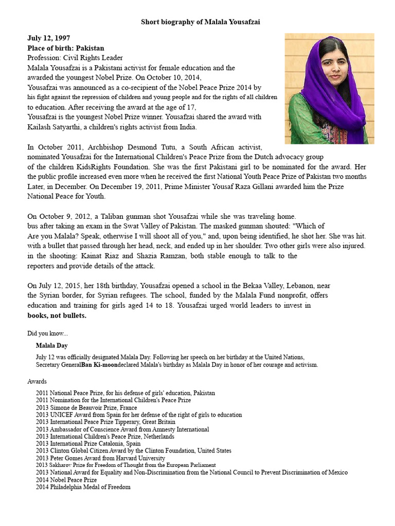 Short Biography of Malala Yousafzai | PDF | Malala Yousafzai