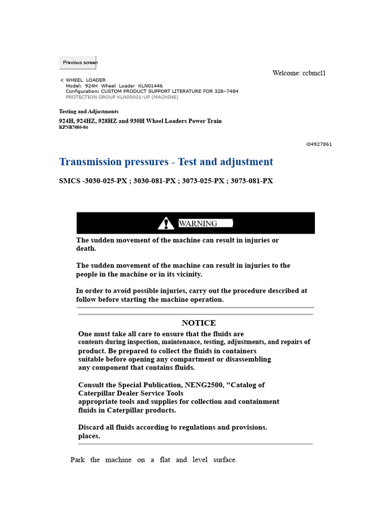 924H Wheel Loader Transmission Testing Guide | PDF | Pressure ...