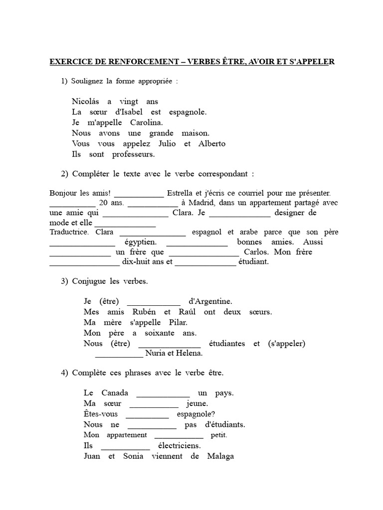 EXERCICE de RENFORCEMENT Verbes Être Avoir S'appeler | PDF