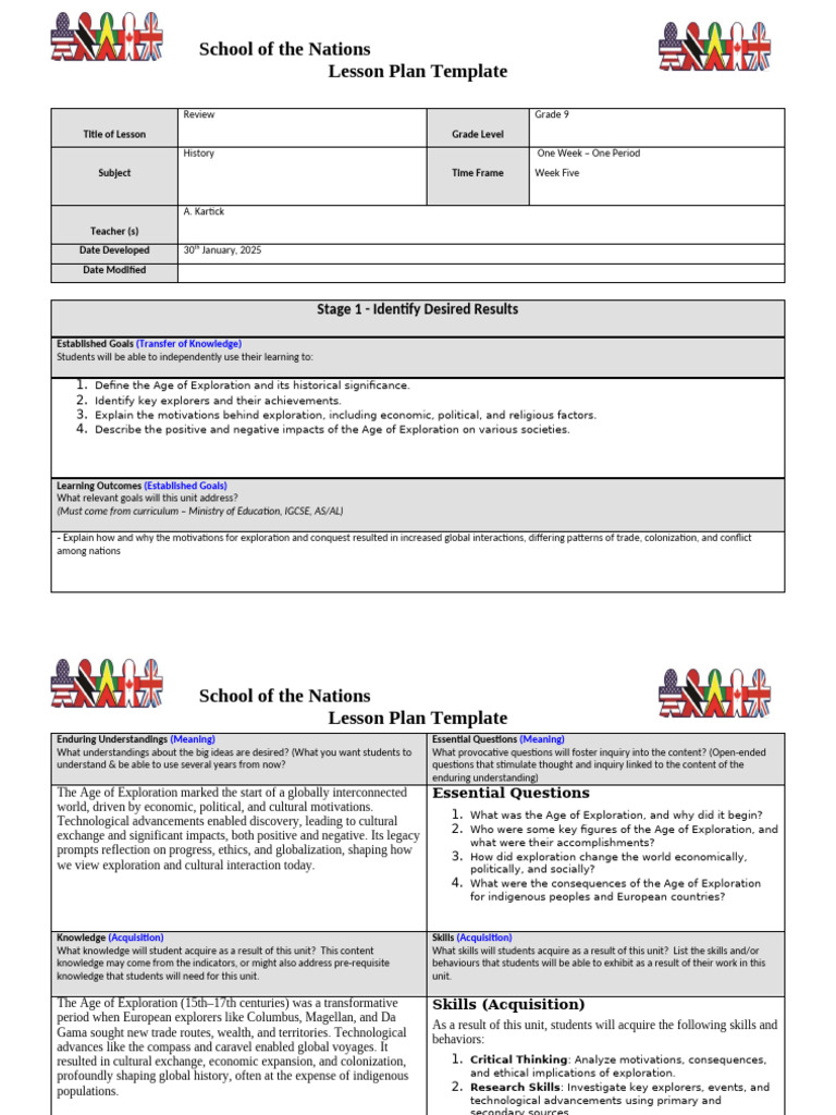 Grade 9 History Lesson Plan: Age of Exploration | PDF | Educational ...