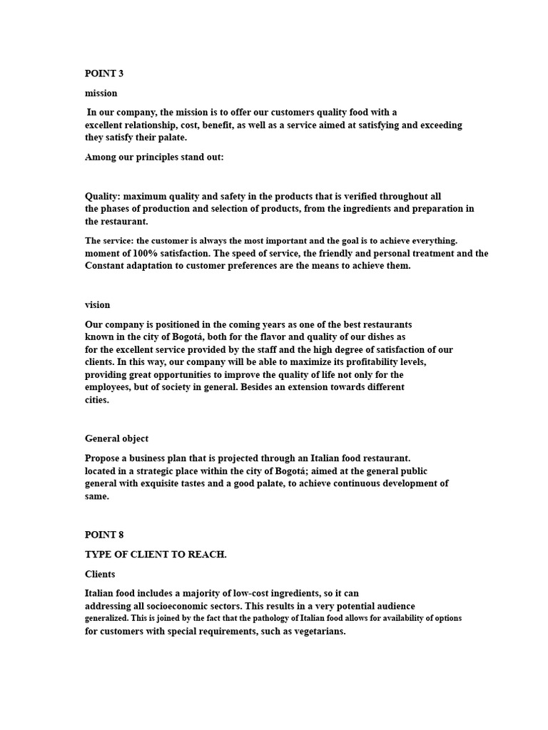 Mission, Vision, Objective Italian Restaurant | PDF | Customer | Business