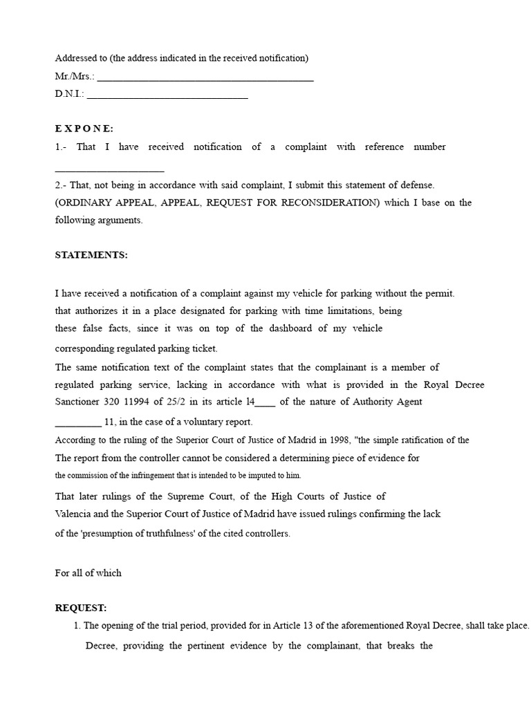 Model To Appeal Blue Zone Fines | PDF | Complaint | Legal Procedure