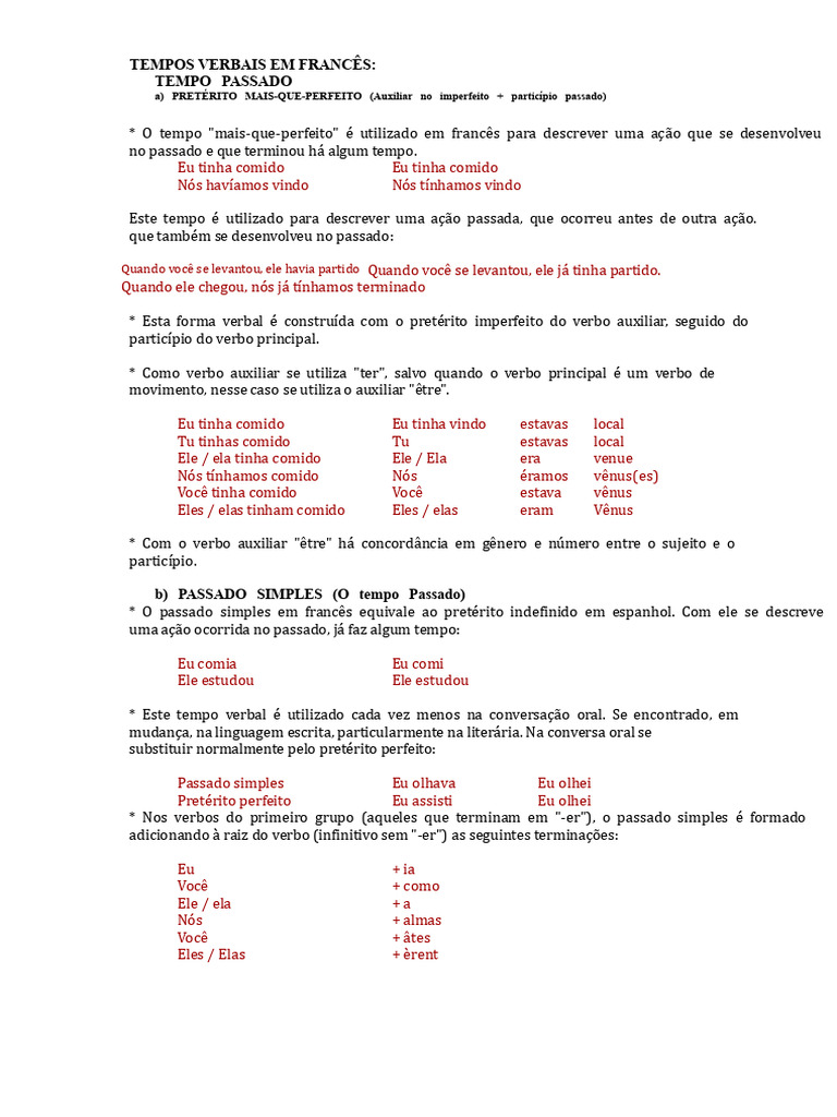Tempos Verbais em Francês: Guia Completo | PDF | Assunto (gramática ...
