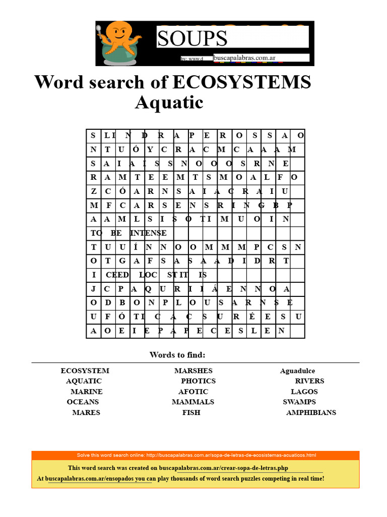 Word Search of ECOSYSTEMS Aquatic: Words To Find | PDF | Marsh ...