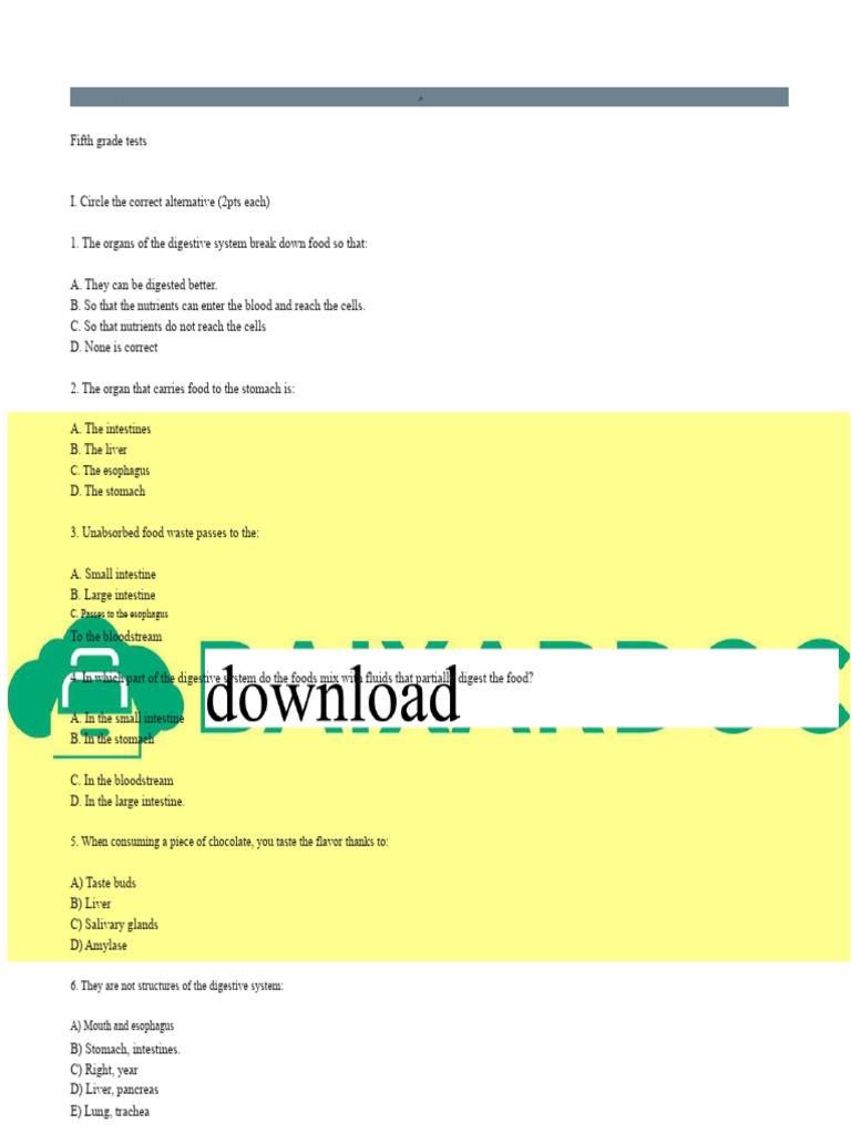 Fifth Grade Digestive System Test | PDF