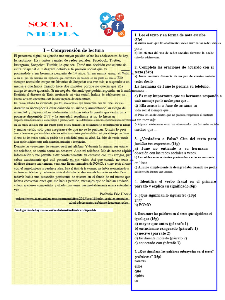 Redes Sociales - LECTURA y Prueba | PDF | Facebook | Snapchat