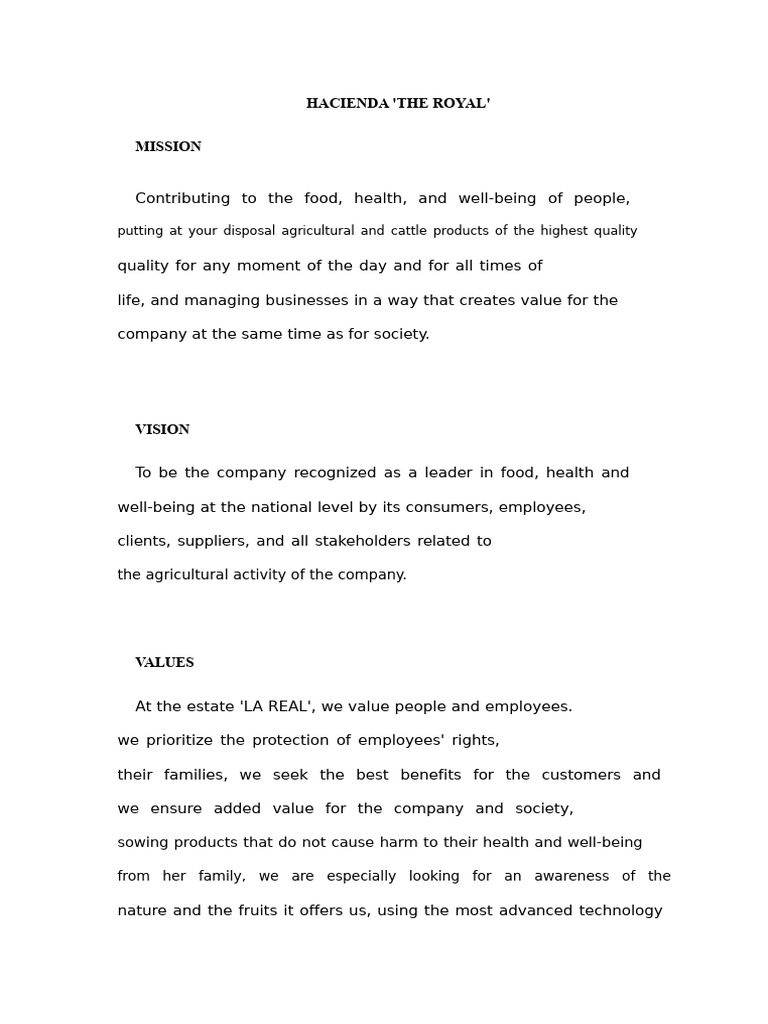 Vision, Mission, Values, General Objectives Hacienda La Real | PDF ...