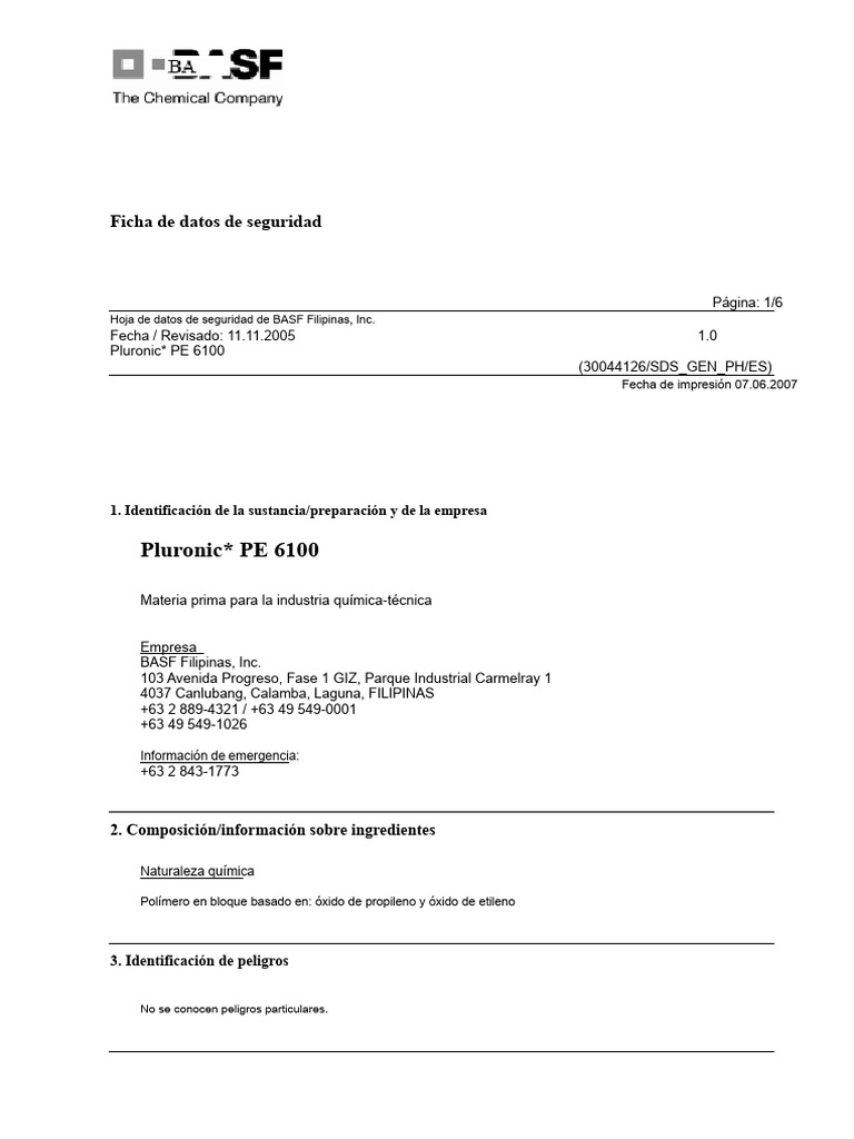 Ficha de Seguridad Pluronic PE 6100 | PDF | Agua | Solubilidad