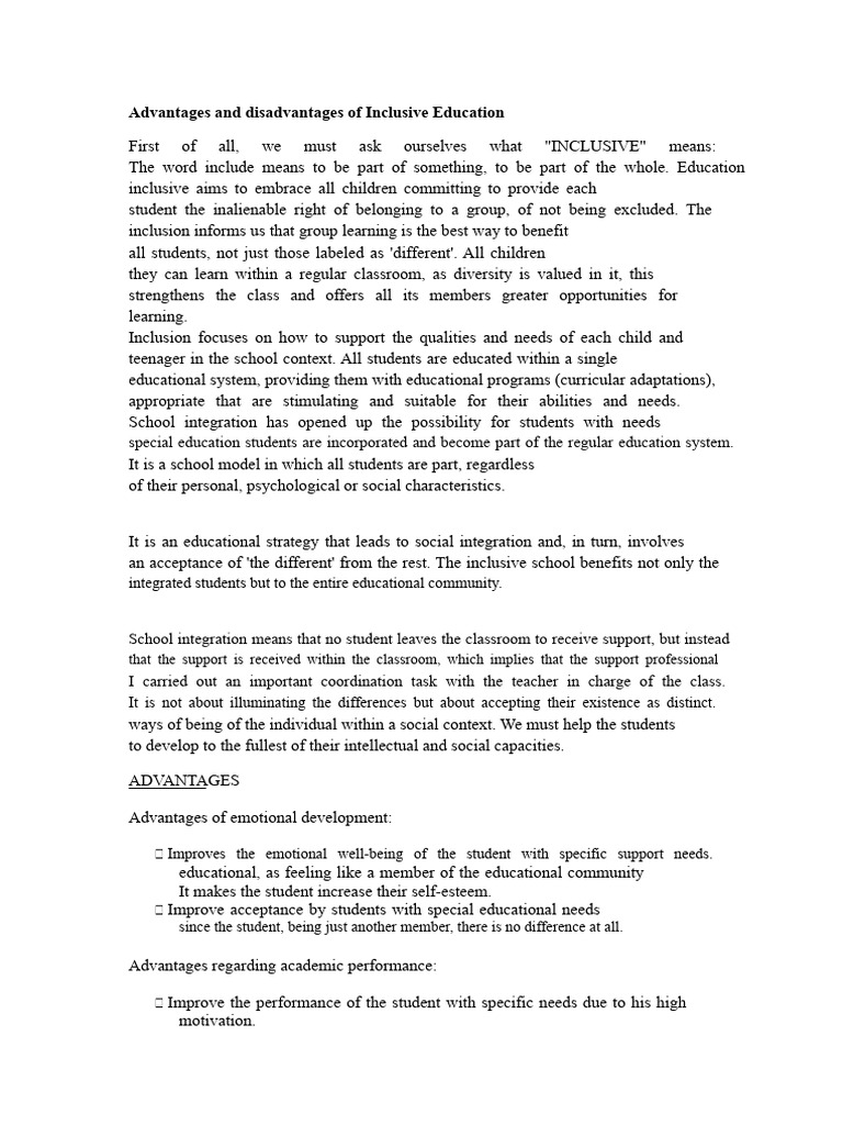 Advantages and Disadvantages of Inclusive Education | PDF | Inclusion ...