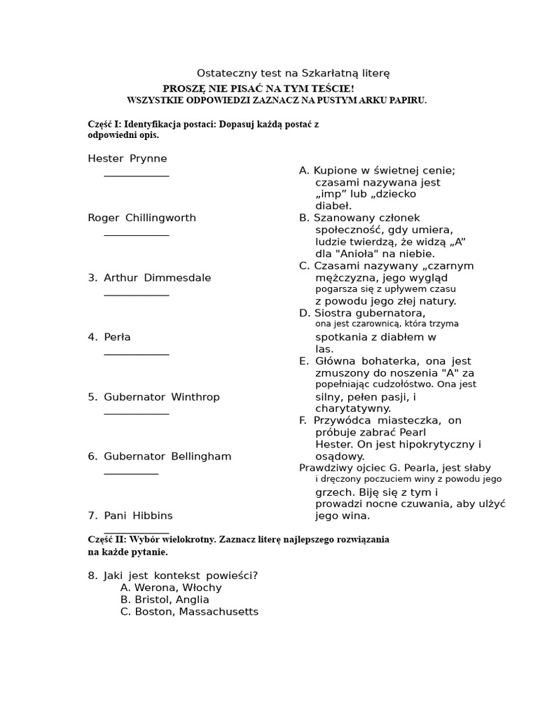 Ostateczny Test Na Temat "Szkarłatnej Litery" | PDF