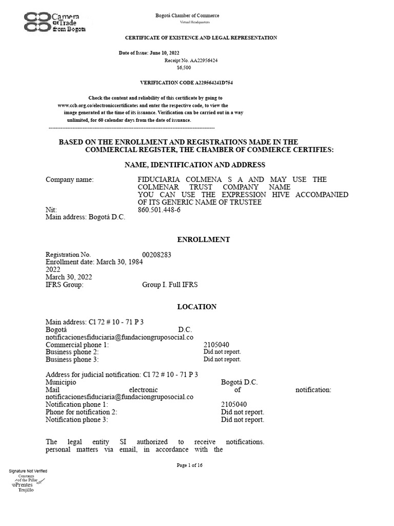 Certificate of Existence and Legal Representation Fiduciaria Colmena ...