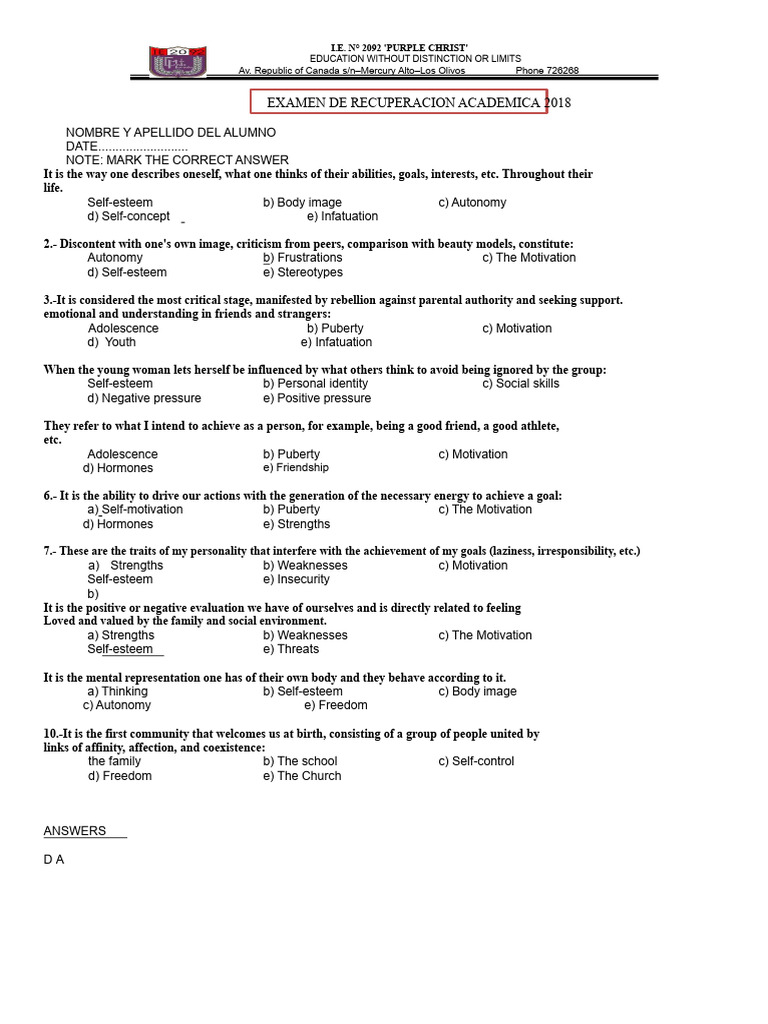 Recovery Exam of PFRH 2018 | PDF | Adolescence | Self Concept
