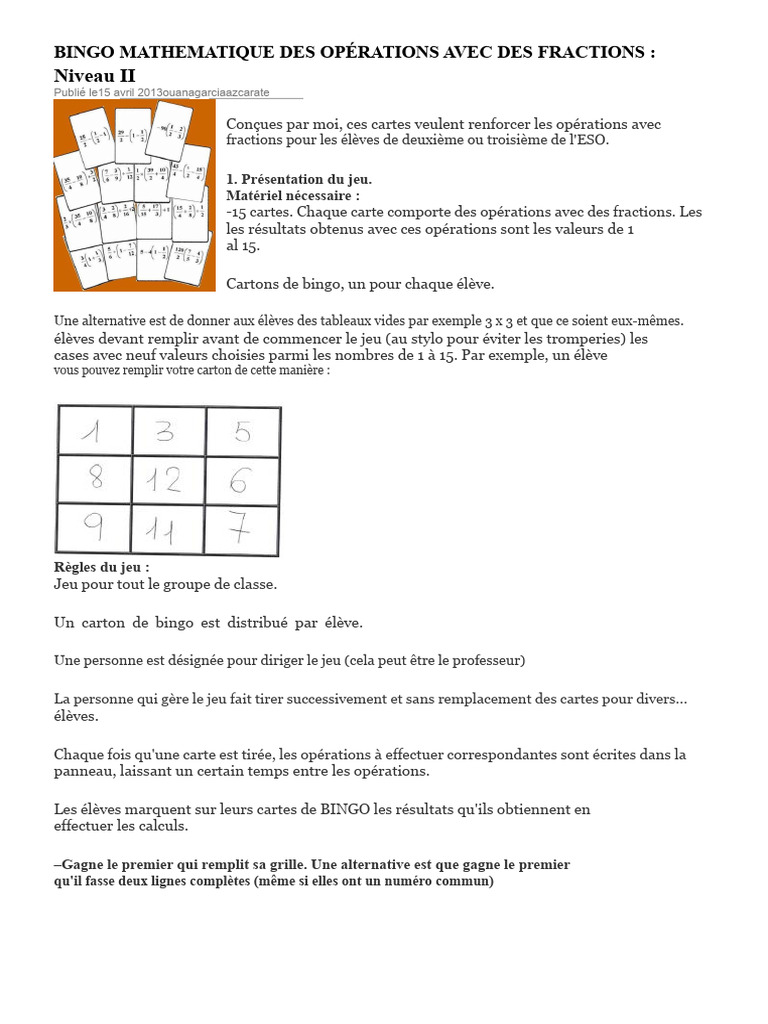 Bingo Mathématique Sur Les Opérations Avec Des Fractions | PDF ...