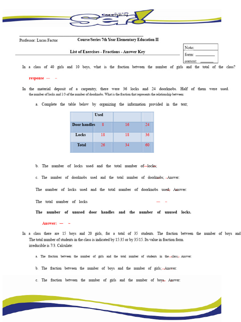List of Fractions - 7th Grade (ANSWER KEY) 220820131937 | PDF ...