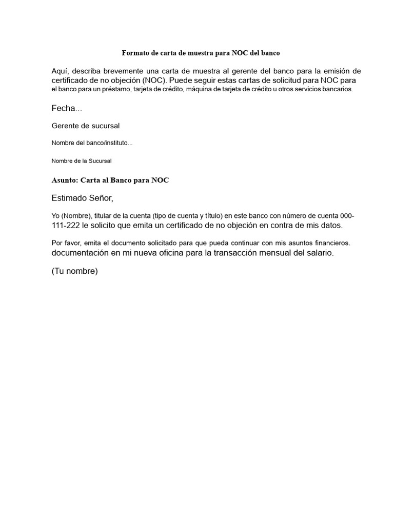 Formato de Carta de Muestra para NOC Del Banco | PDF