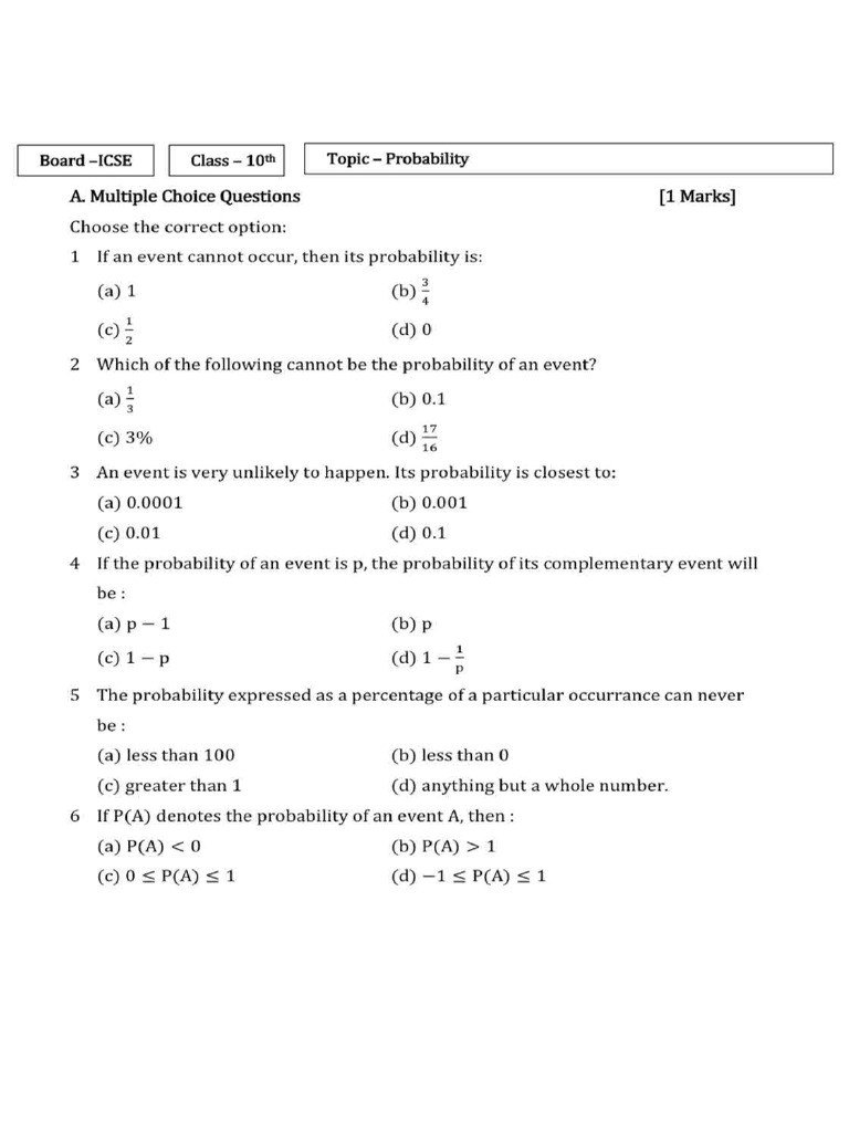 Icse 10 Probability WQ | PDF