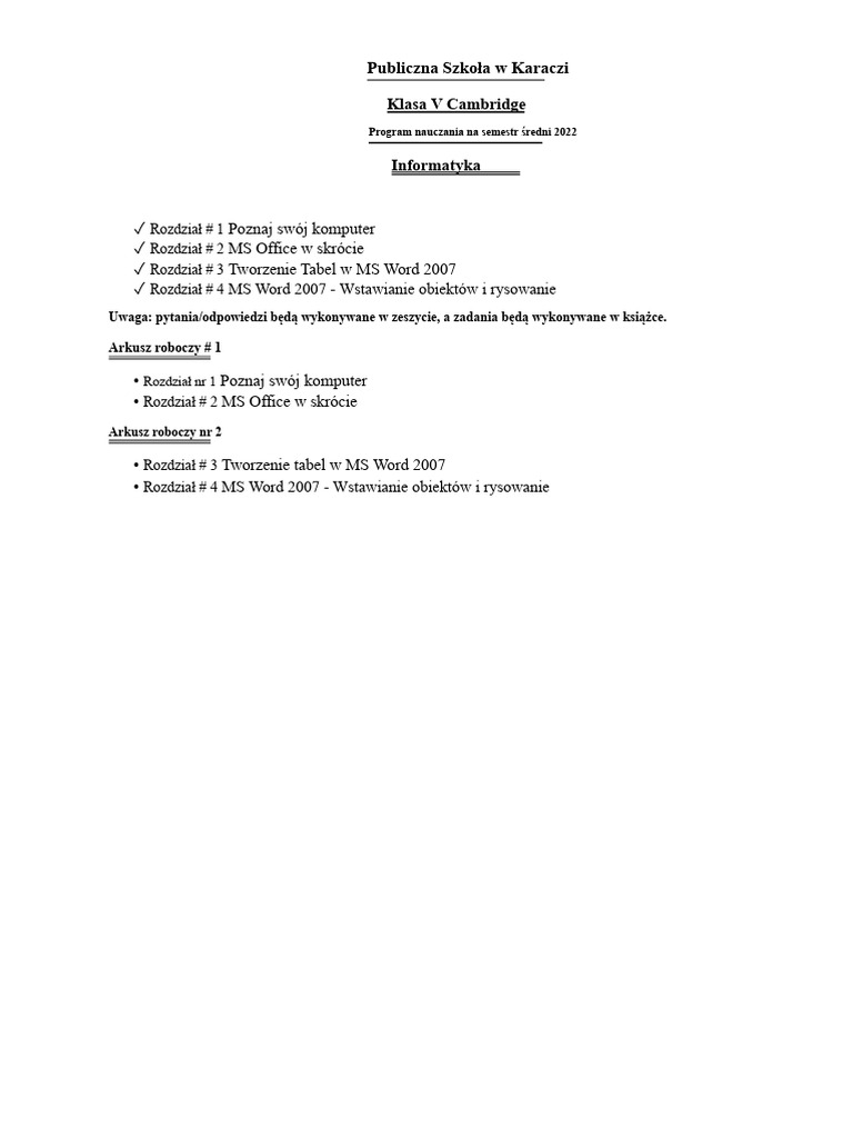 Program Nauczania Klasa V (Kopia Uczniów) | PDF