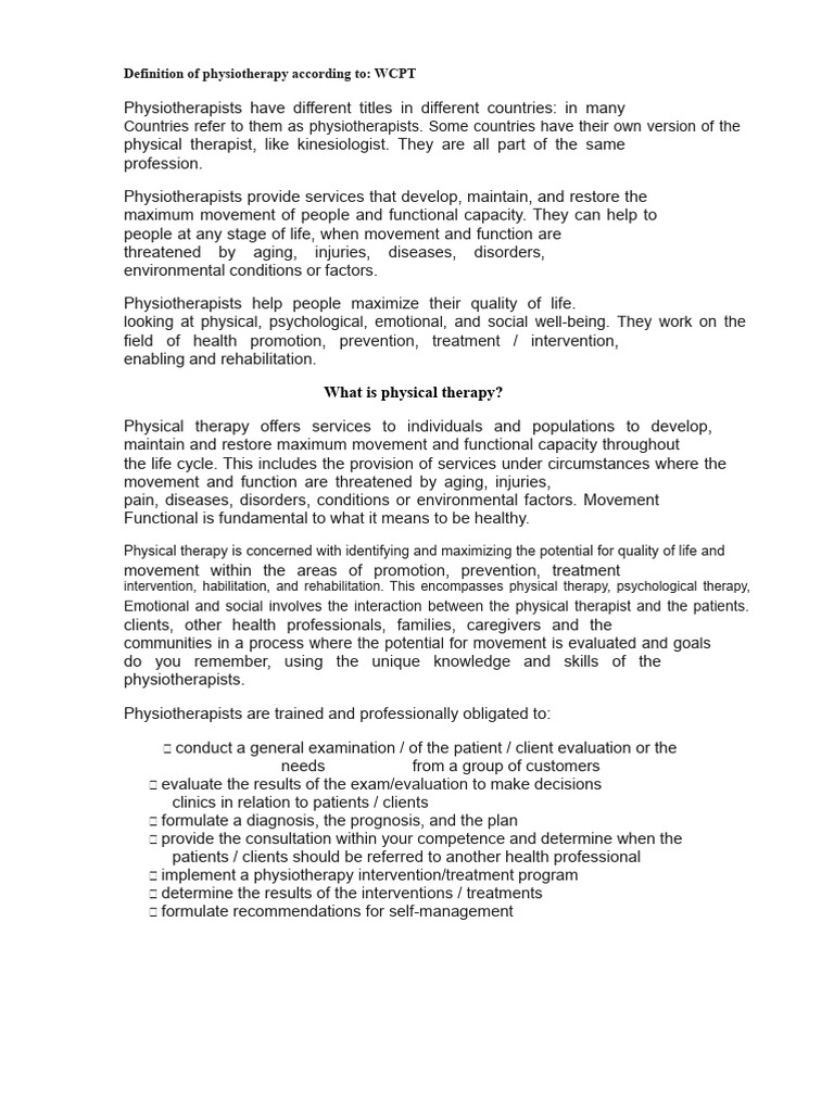 WCPT Physiotherapy Definition Explained | PDF | Physical Therapy ...