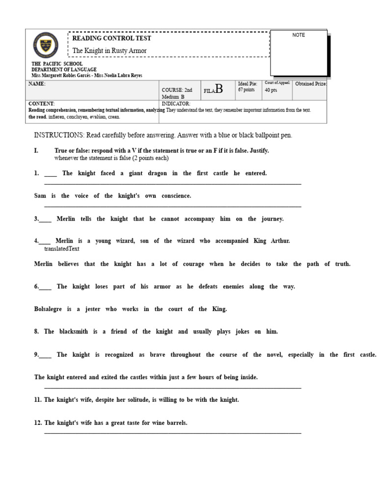 Reading Control - The Knight in Rusty Armor (Robert Fisher) - Row B | PDF
