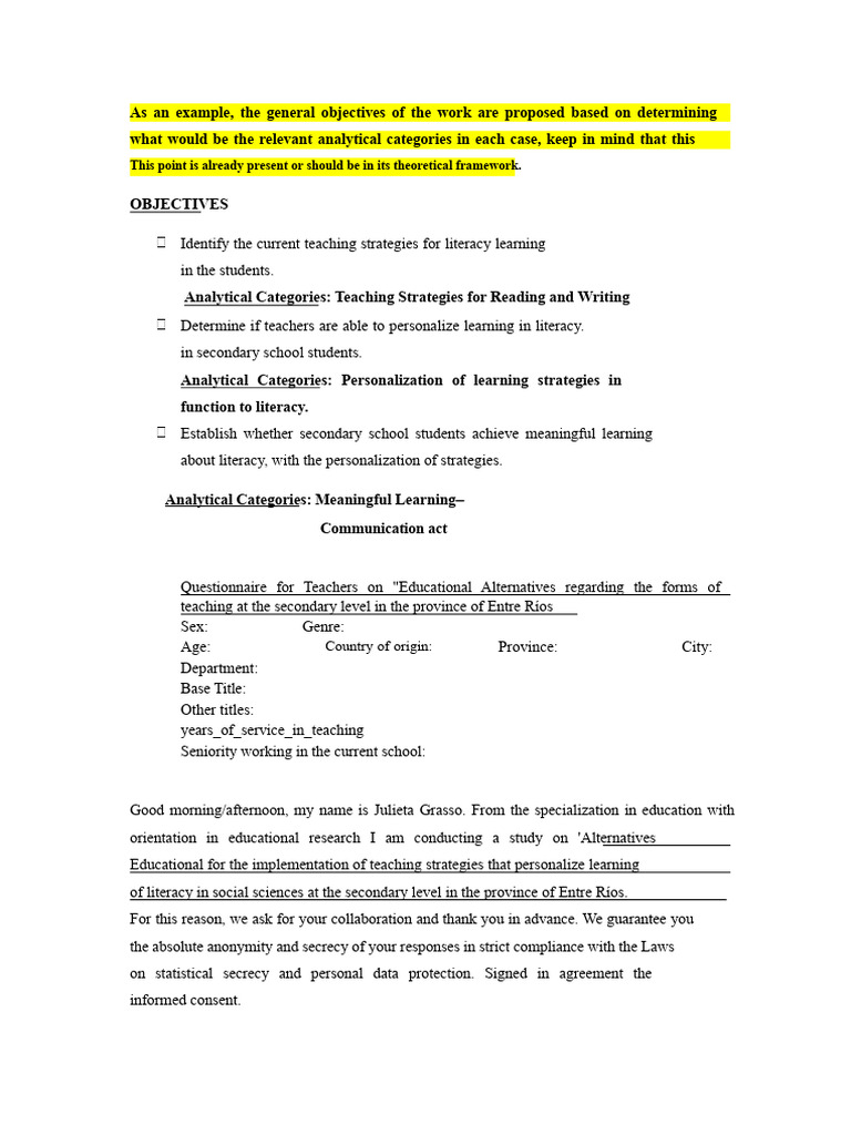 Example of A Questionnaire in Educational Research. | PDF | Literacy ...