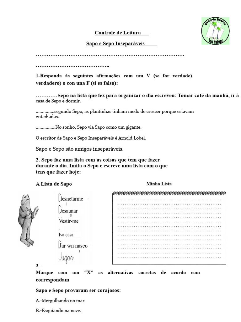 Atividades de Leitura: Sapo e Sepo | PDF
