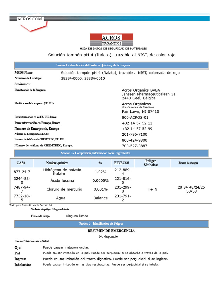 MSDS Solución Buffer PH 4.0 | PDF | Mercurio (Elemento) | Agua