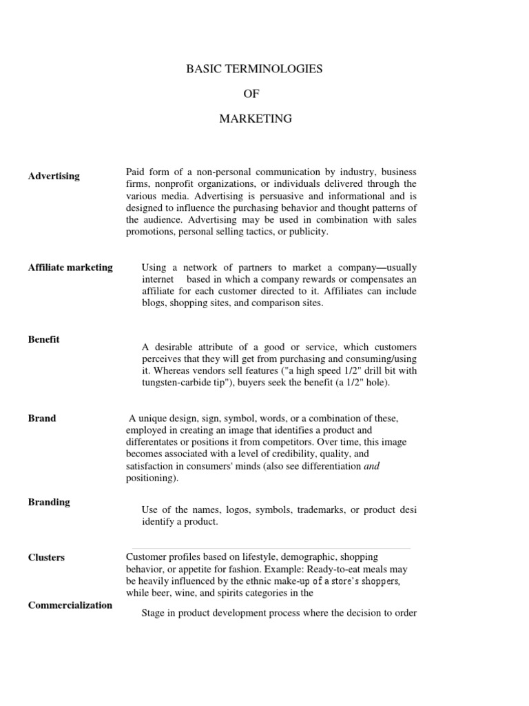 Basic Terminologies OF Marketing: Advertising | PDF | Marketing | Sales