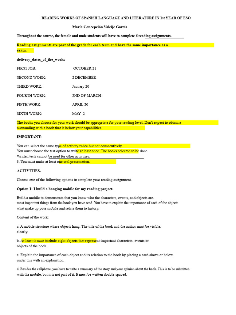 Reading Assignments in Spanish Language and Literature in 1st Year of ...