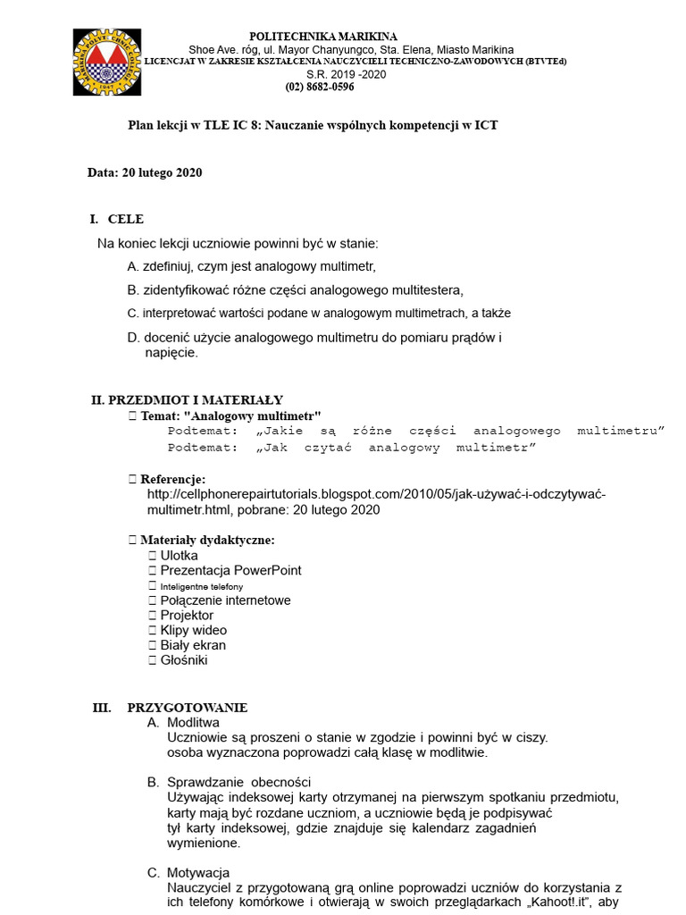 Plan Lekcji W TLE IC 8 | PDF