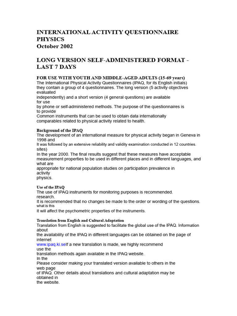 International Physical Activity Questionnaire | PDF | Questionnaire | Psychometrics