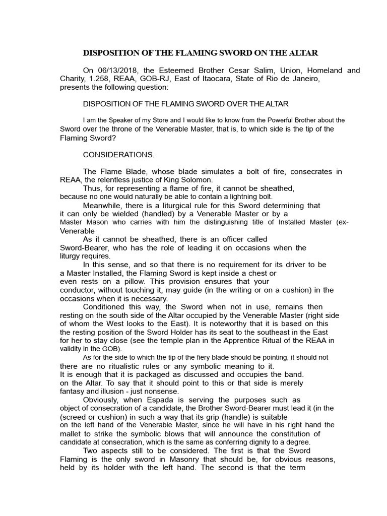 Disposition of The Flaming Sword On The Altar | PDF | Freemasonry ...
