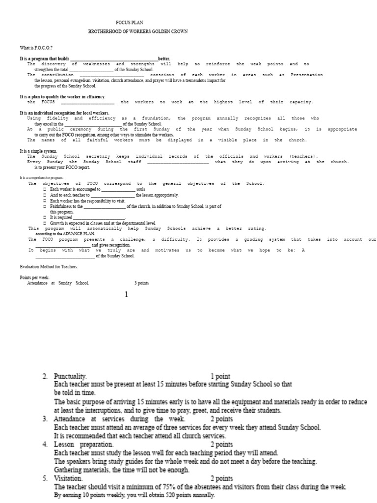 FOCUS PLAN Sheet To Fill Out | PDF | Sunday School | Teachers