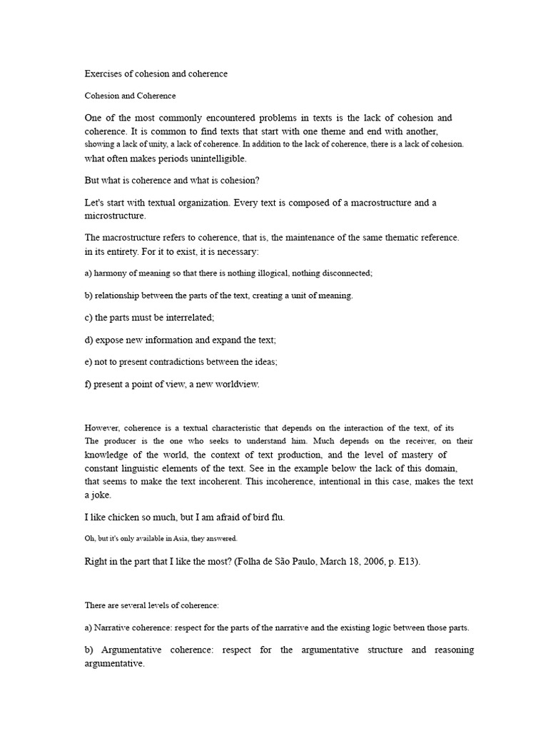 Exercises of Cohesion and Coherence | PDF | Anxiety | Coherence (Physics)