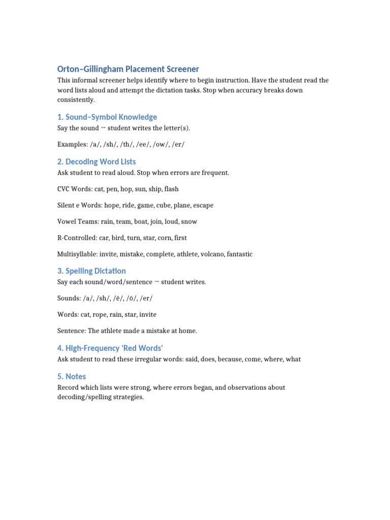 Orton-Gillingham Placement Screener Guide | PDF