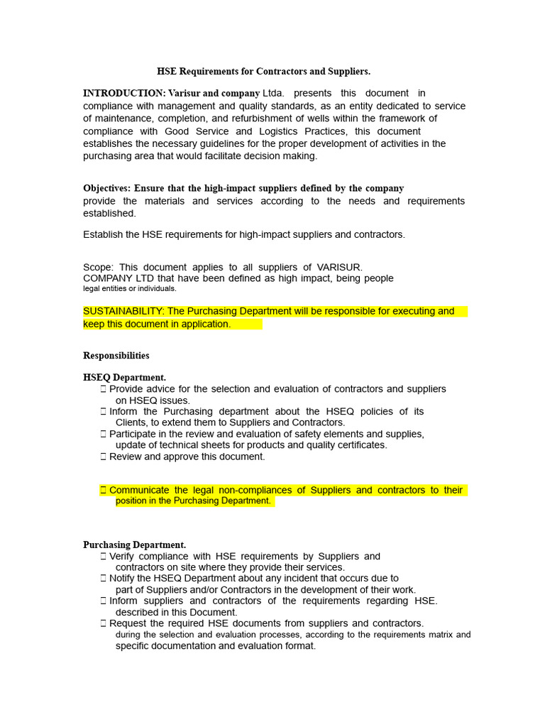 Requirements in HSE For Contractors or Suppliers | PDF | Personal ...