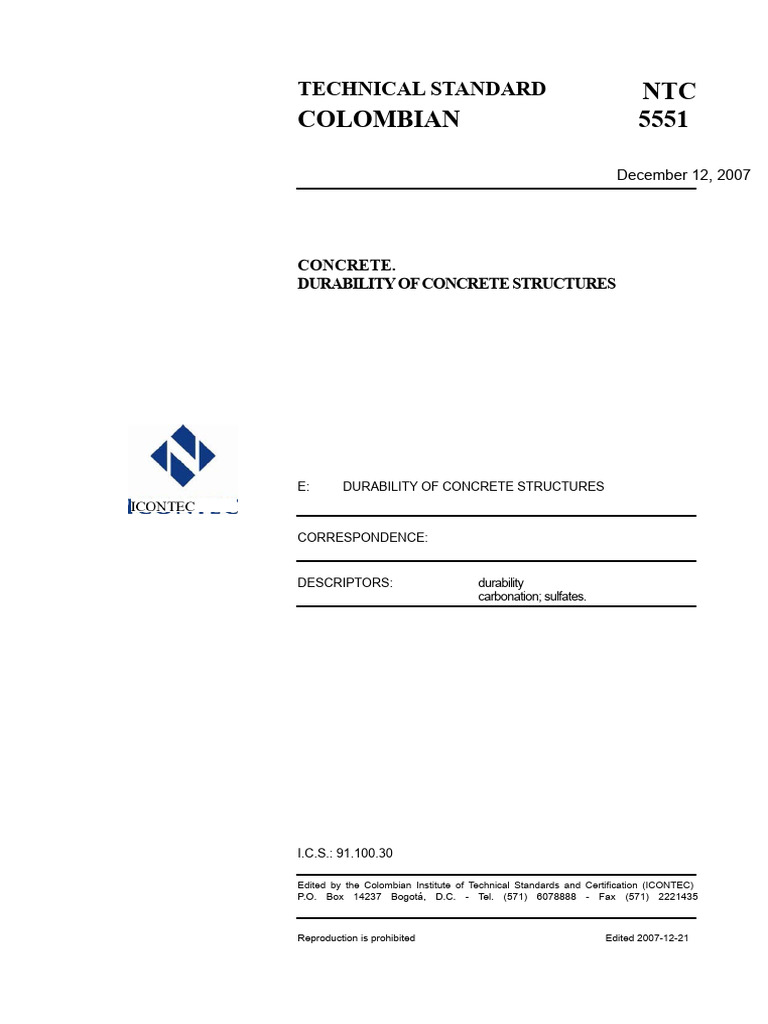 Colombian NTC 5551 Concrete Durability Standards | PDF | Concrete | Cement
