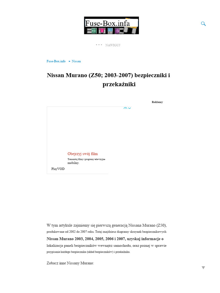 Schemat Skrzynki Bezpieczników Nissan Murano (Z50 2003-2007) | PDF