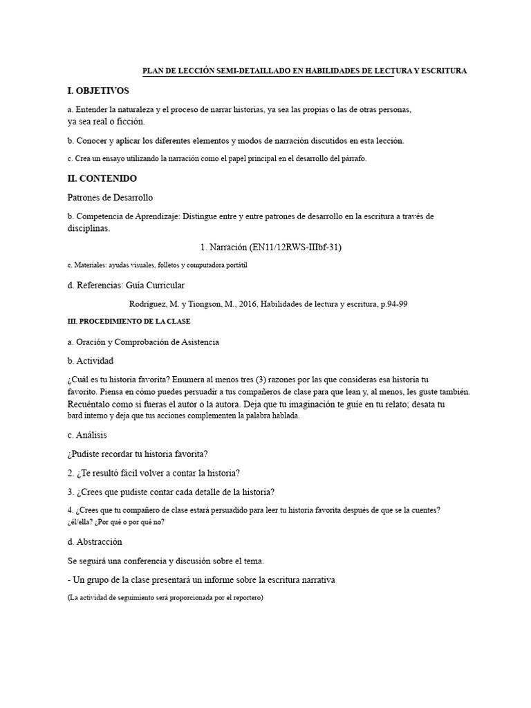 Lección sobre Escritura Narrativa y Lectura | PDF | Narración ...