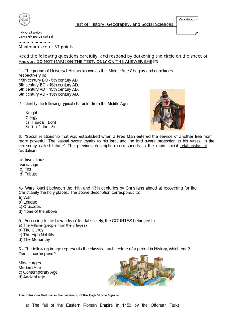 Middle Ages History Qualification Test | PDF | Middle Ages | Feudalism