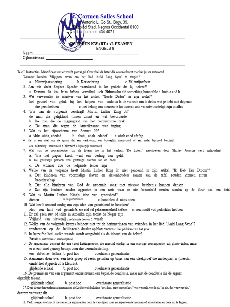 Tweede Kwartaal Examen in Engels 9 | PDF