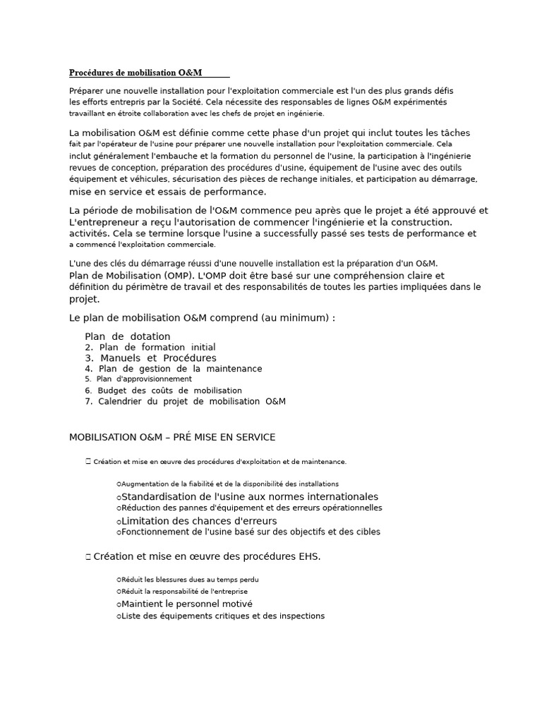 Plan de Mobilisation O&M | PDF | Budget | Sécurité