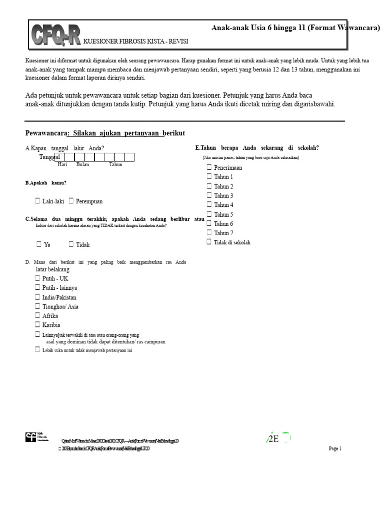 Kuesioner Fibrosis Kistik - Direvisi | PDF
