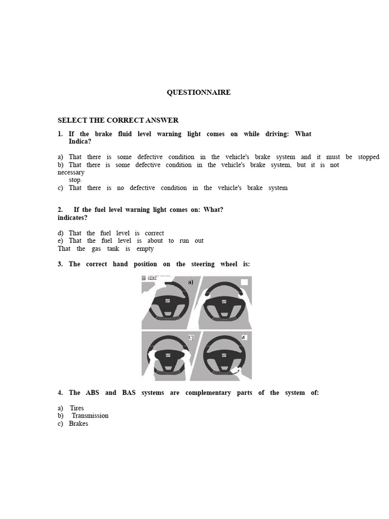 Vehicle Safety and Maintenance Questionnaire | PDF | Vehicles | Brake