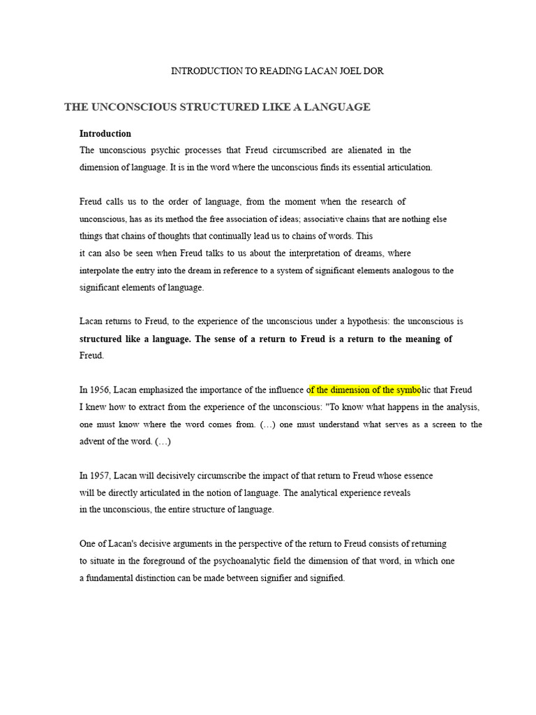 Summary Introduction To The Reading of Lacan Joel Dor | PDF | Jacques ...